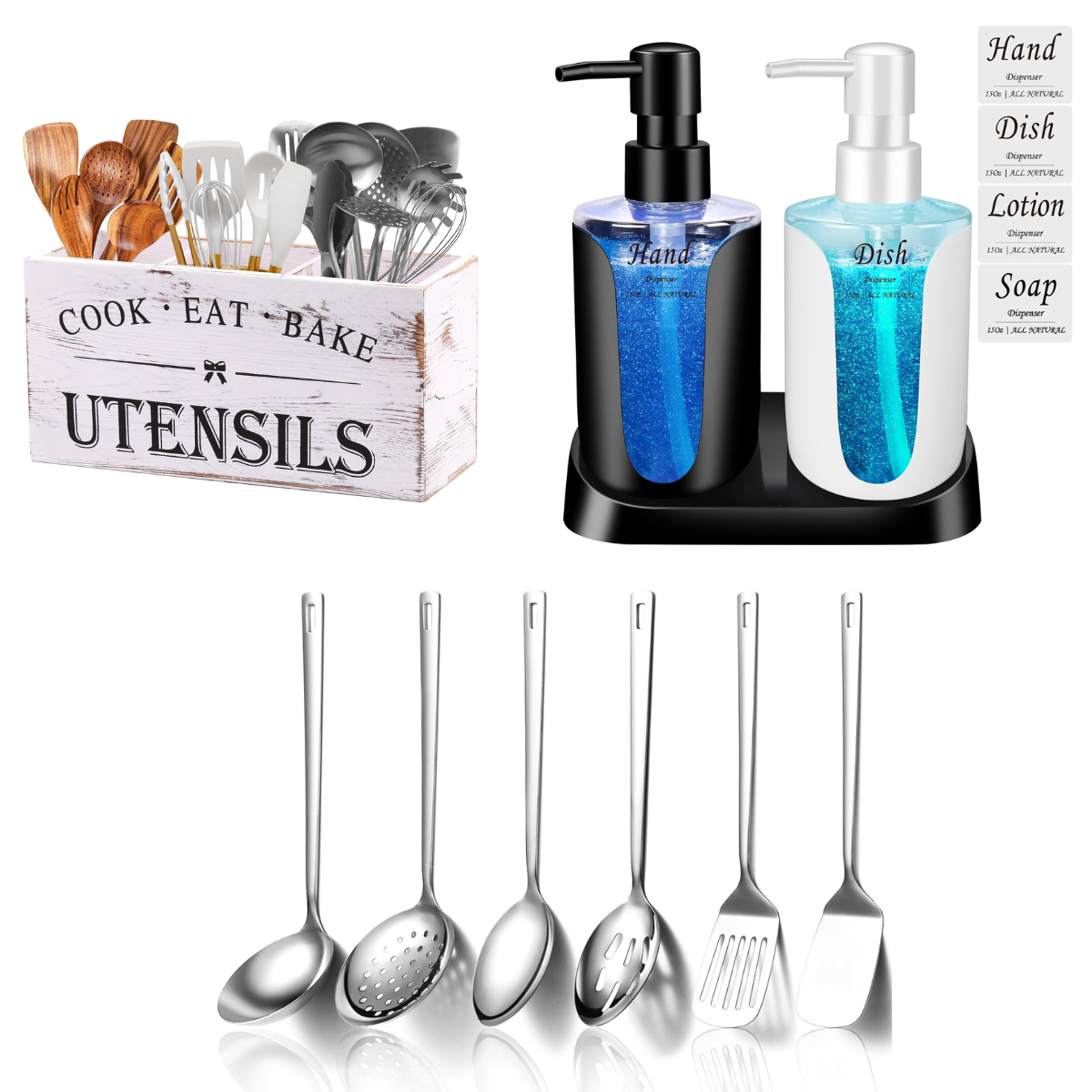 6-pk steel utensils set, $15+ | Soap dispenser set, $6+ | Wooden ...