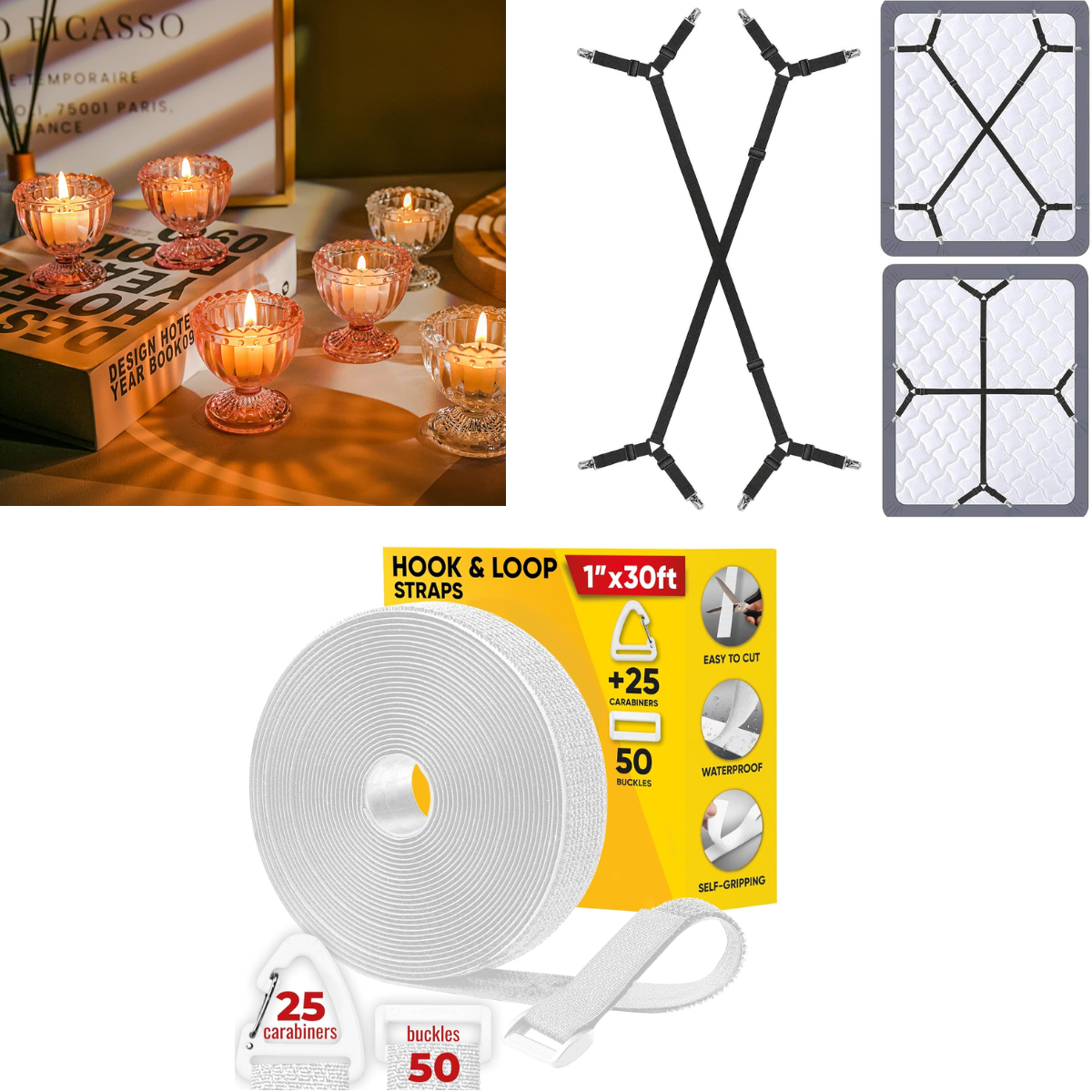 12Pcs Votive Candle Holders $10+ | 2Pk Bed Sheet Straps $4+ | Cable ...