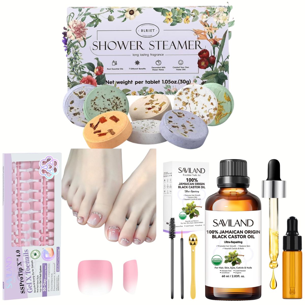 8 Pk Shower steamers $4+| 216 Pcs Press on toe nails $5+| Black castor ...