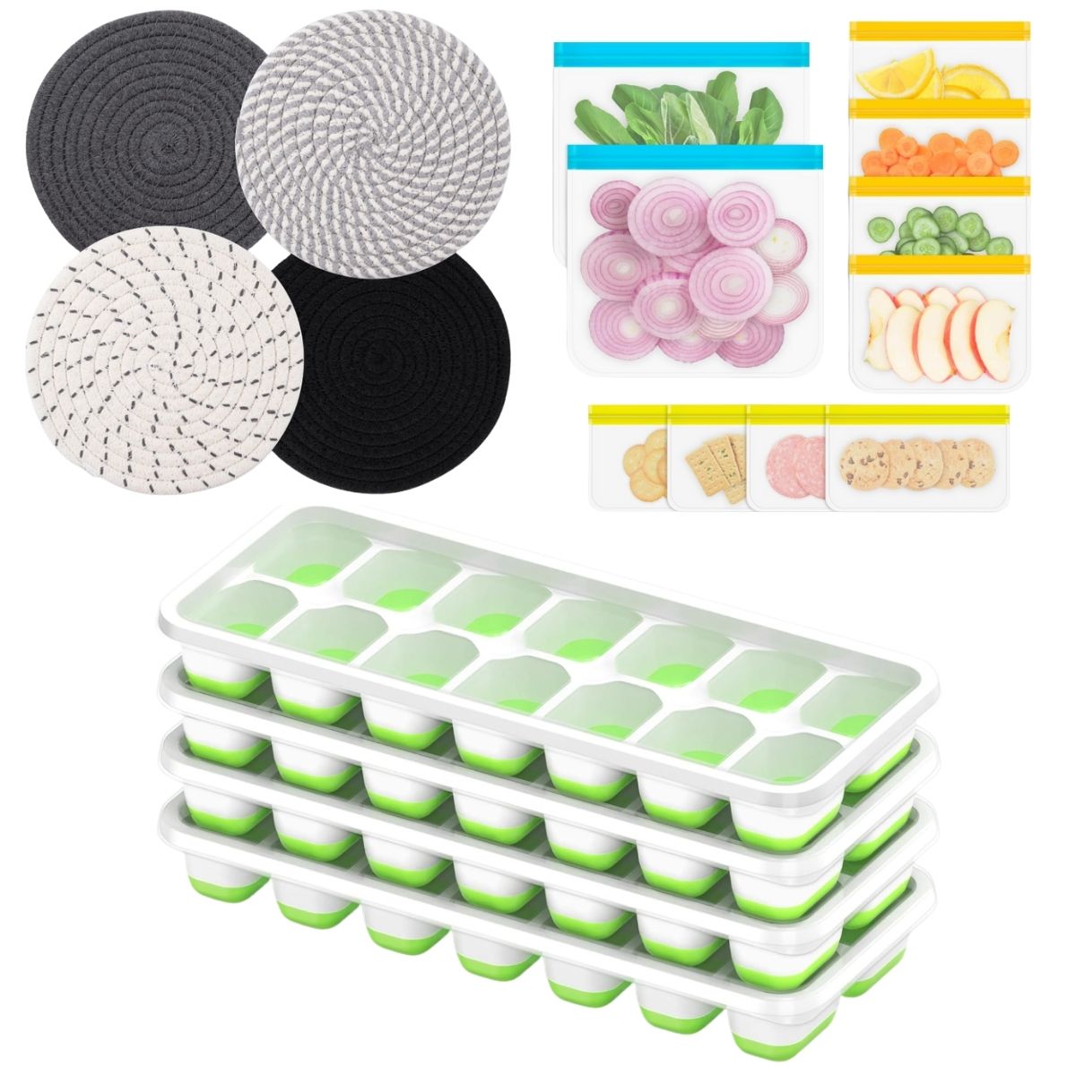 10 reusable freezer bags, $5+ | 4 heat-resistant trivets, $5+ | 4 ...