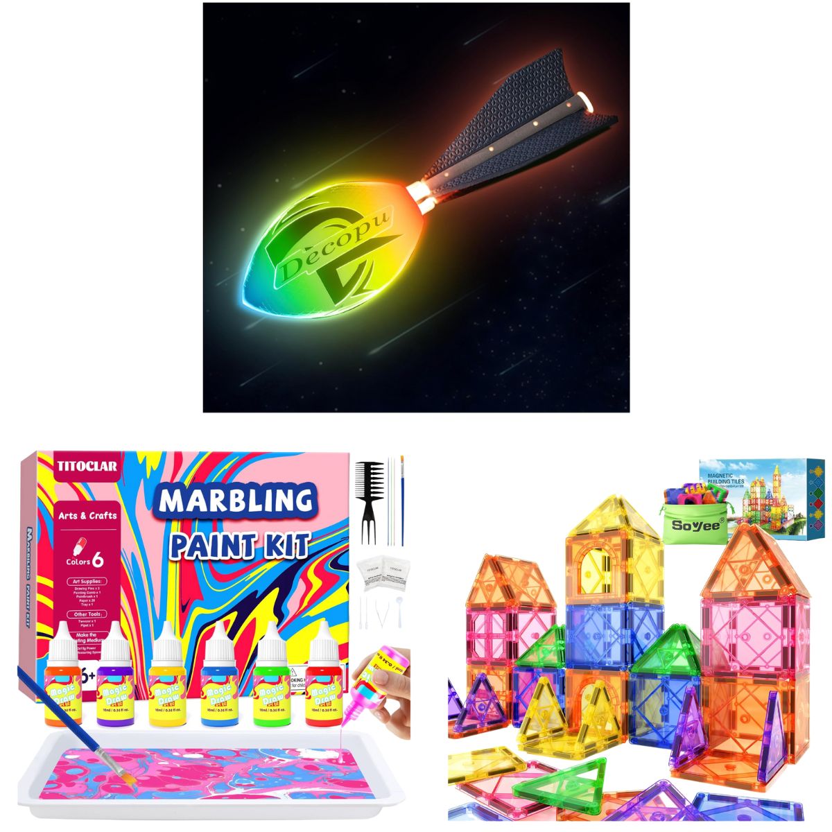 Light-Up Football $11+ | 32-pc magnetic tiles $9+ | Water Marbling ...