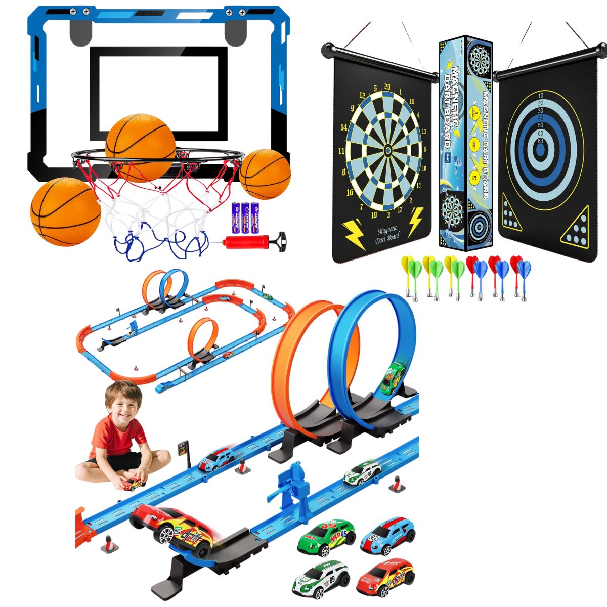 Magnetic dart board $8+| Mini basketball hoop $10+| 64Pcs race track ...