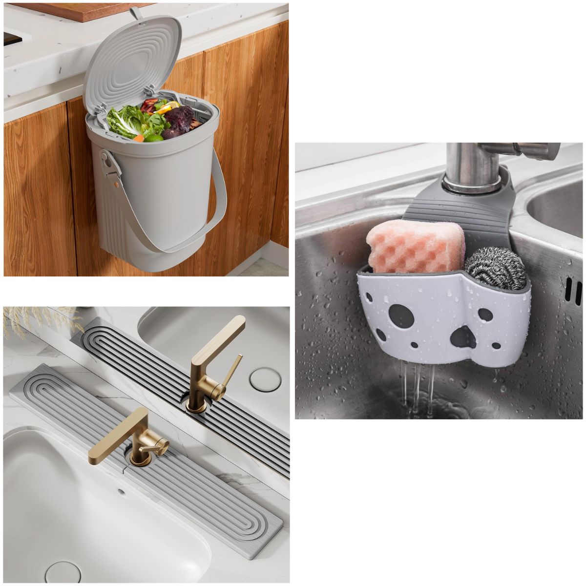 Hanging Trash Can w/ Lid $9+ | quick-dry Stone Faucet Mat $10 | 2-pk Sink Caddy $6+ | Smart Savers