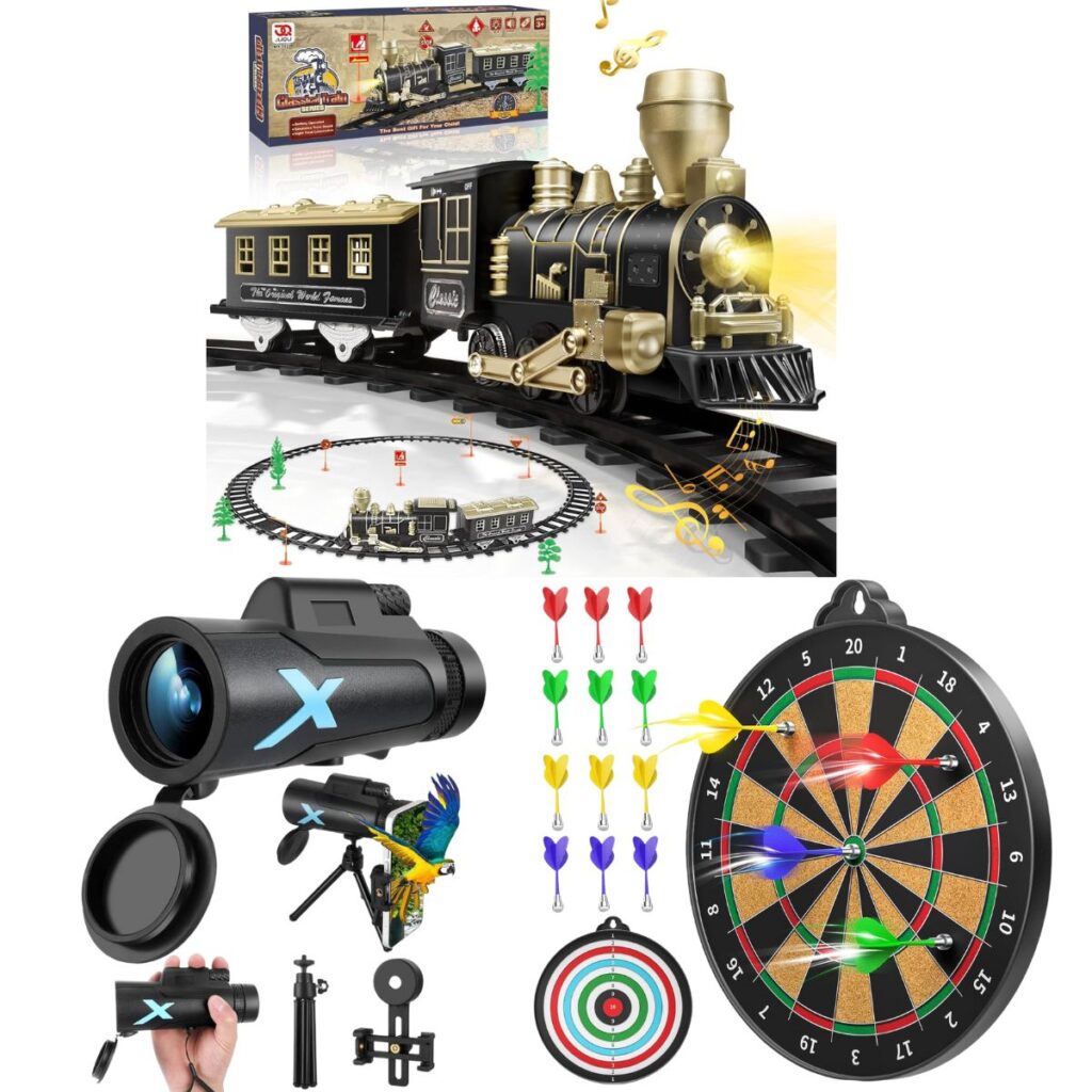 Christmas train set $11+| Monocular telescope $12+| Magnetic dart board ...