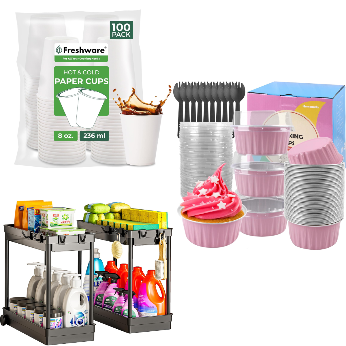 100-pk paper cups, $9+ | Mini cake pans, $8+ | 2-pk under cabinet ...