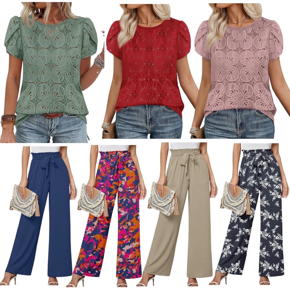 Women's petal sleeve lace tops, $8+ | Palazzo pants, $9-12+ | Smart Savers