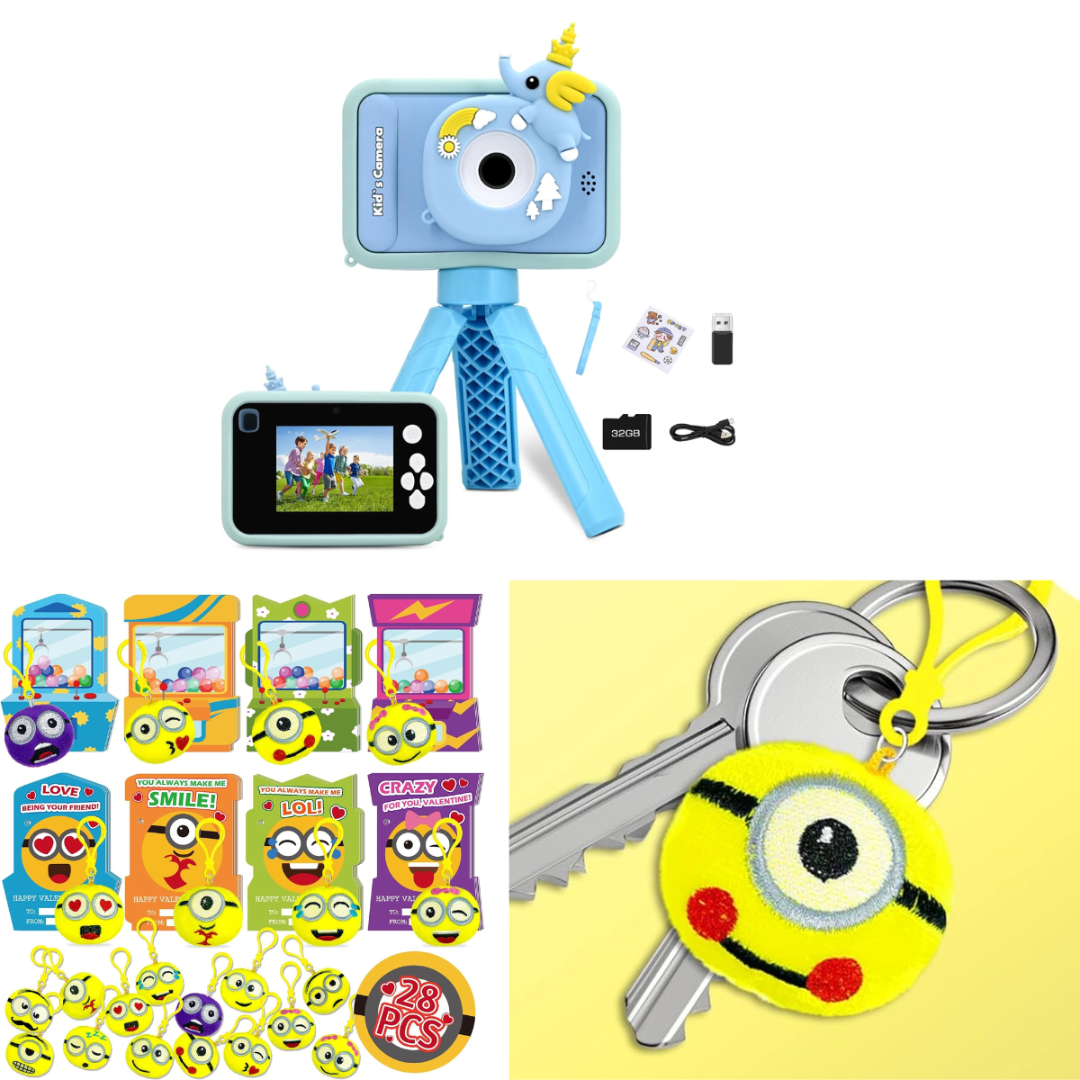 Kids Camera with Tripod $10+ | 28-pack plush emoji keychains $9 ...
