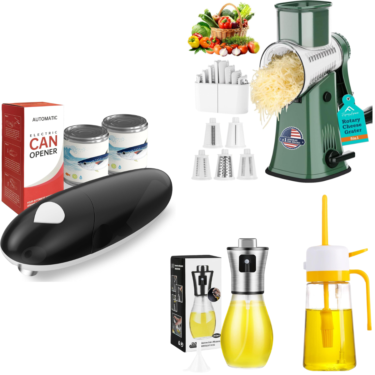 Electric Can Opener $12+ | 5-in-1 Rotary Grater $15+ | Glass Oil ...