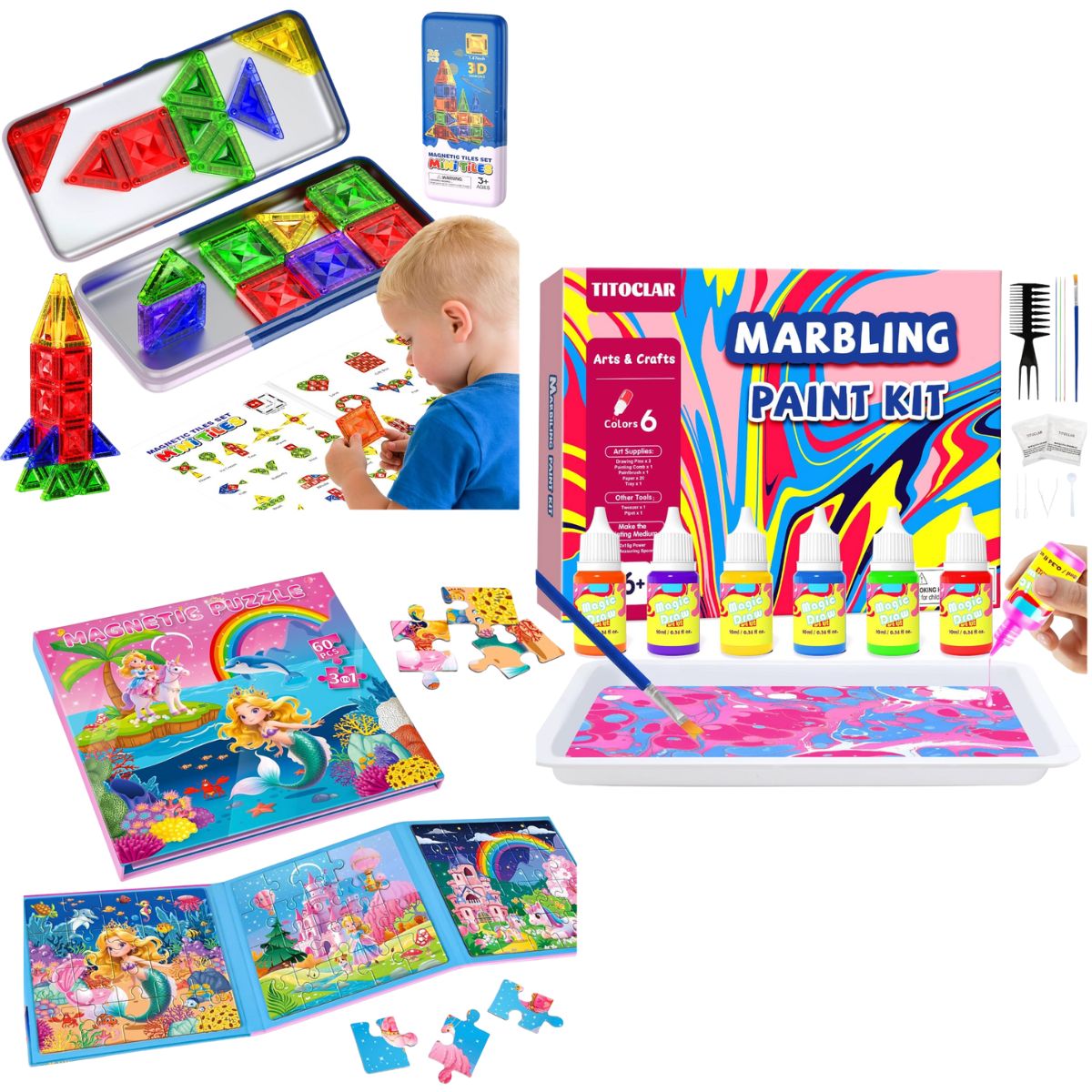 Magnetic Puzzles $4+ | Water Marbling Paint kit $4+ | Magnetic tiles $9 ...