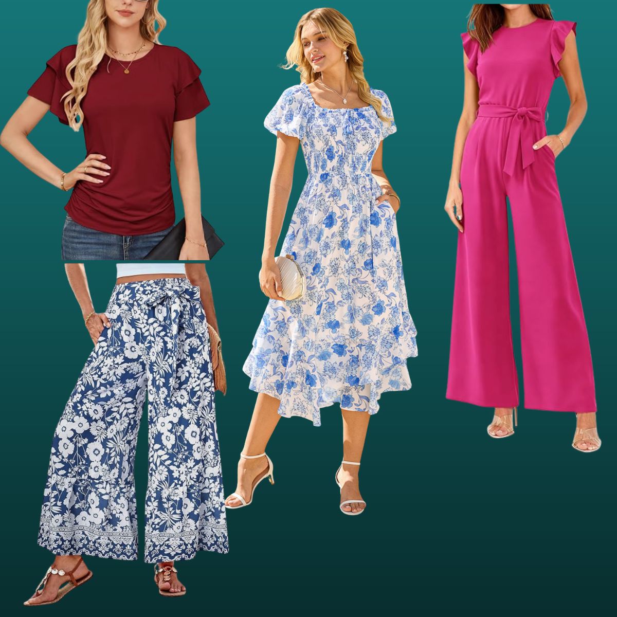 Ruffle top $7+| Palazzo pants $12+| Floral maxi dress $17+| Dressy ...