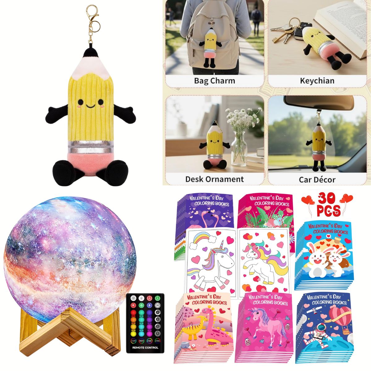 Moon lamp $8+| 30 Pcs Coloring books $9+| Pencil plush keychain $6 ...