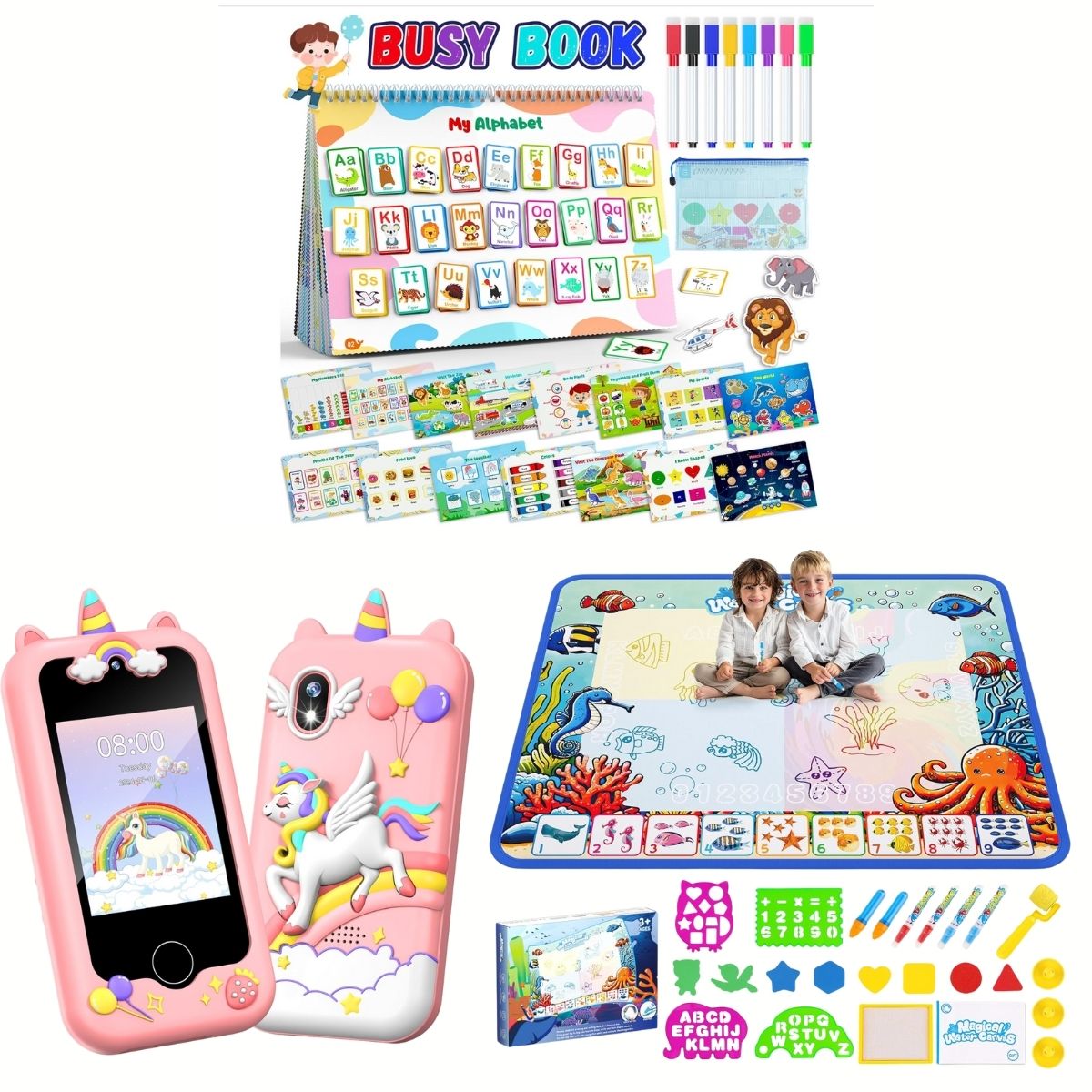Water doodle mat $8+| Pretend smart play phone $9+| Preschool busy book ...