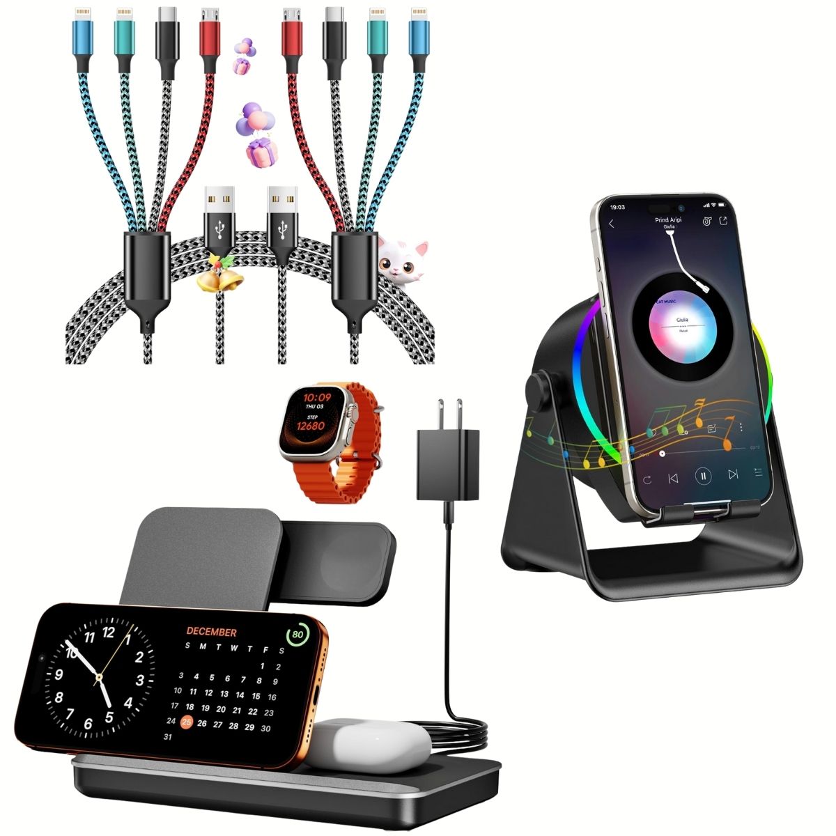 4 in 1 Charging cable $4+| Bluetooth speaker phone stand $9+| 3 in 1 ...