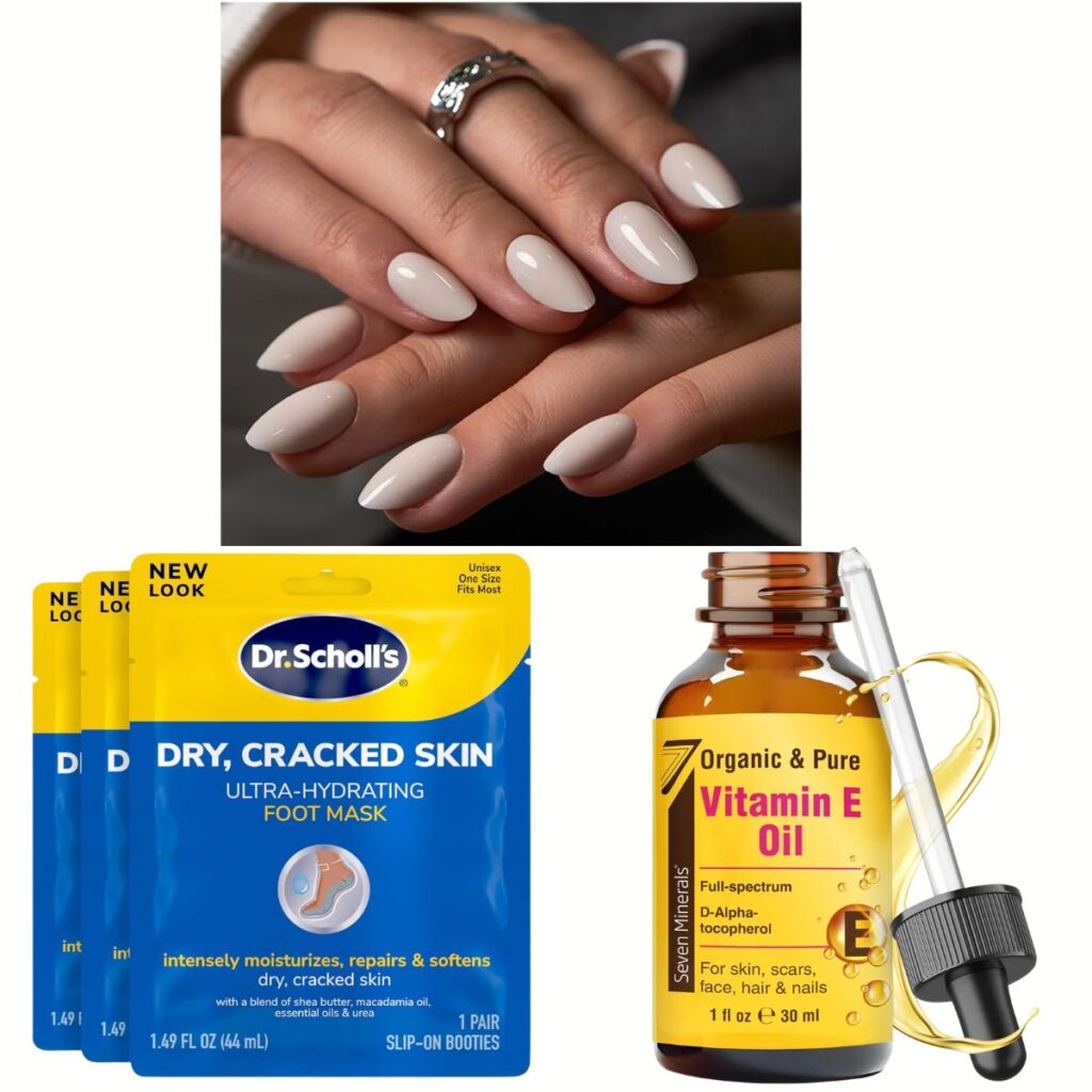 Press on almond nails $6+| 3 Pk Foot mask $6+| Org. Vit E Oil $7 ...