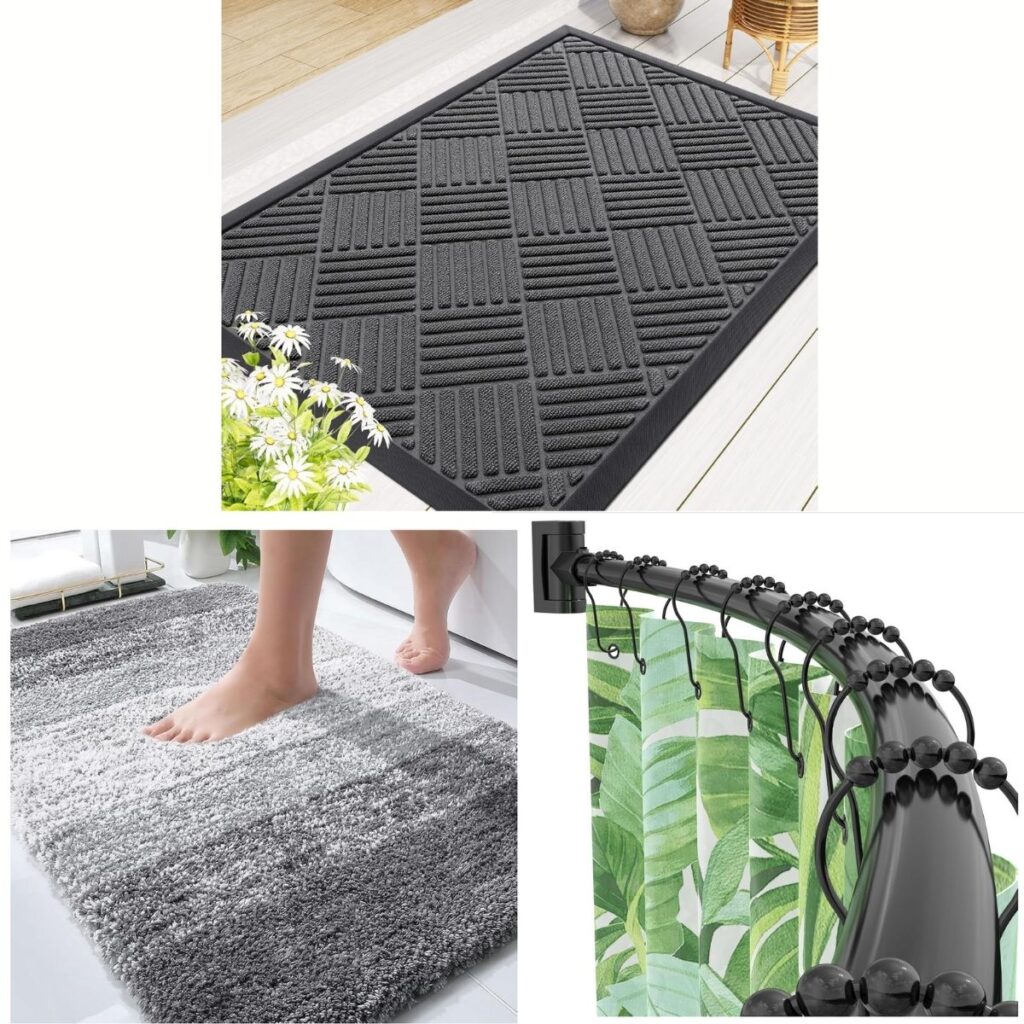 Microfiber rug $8+| Outdoor rubber mat $8+ Curved shower rod $13 ...