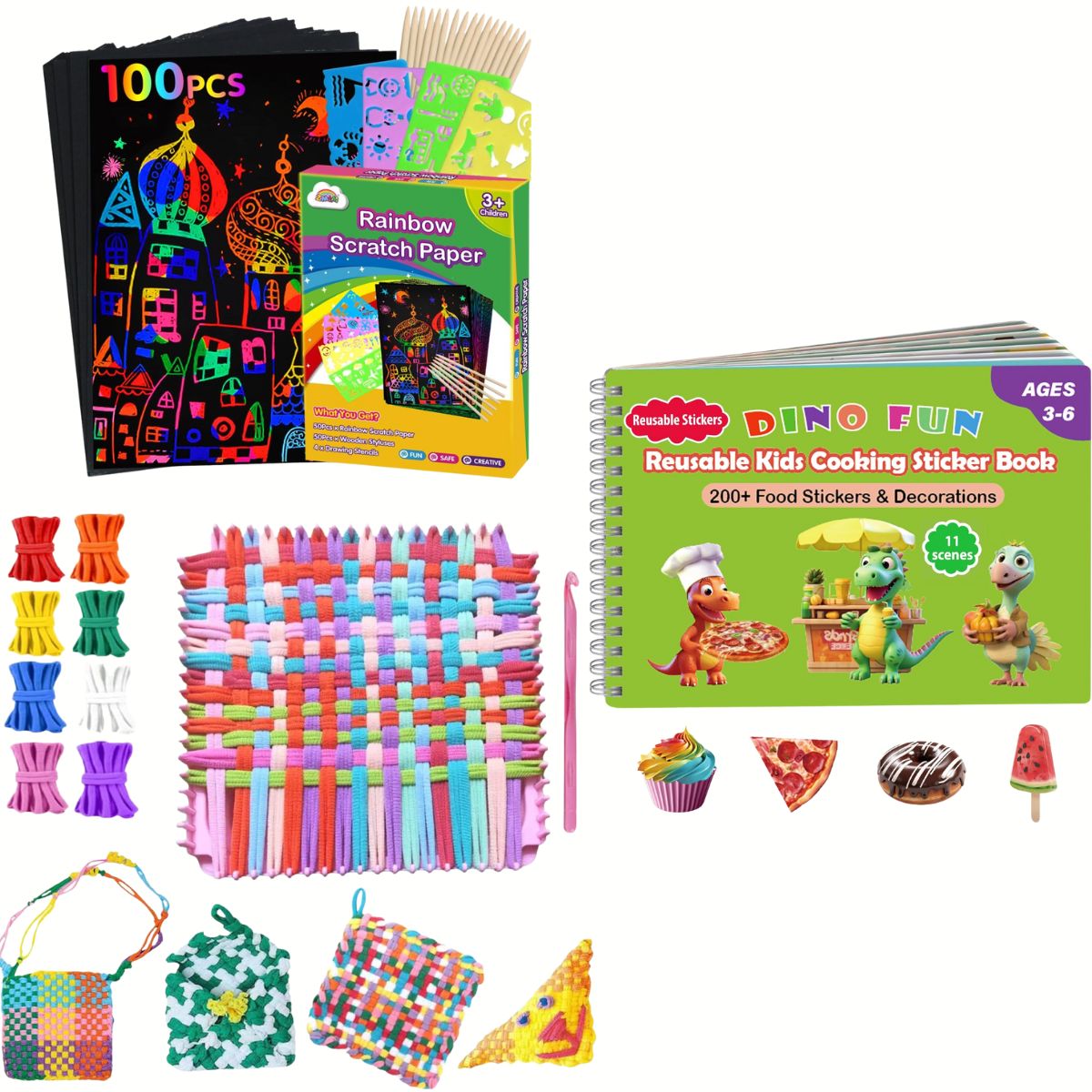 100 Pcs Scratch art kit $5+| Cooking sticker book $6+| 192 Pcs Loom kit ...