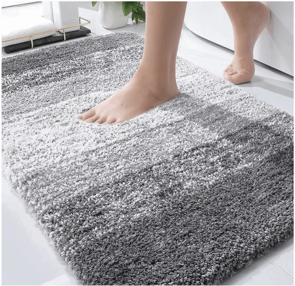 Microfiber rug $8+| Outdoor rubber mat $8+ Curved shower rod $13 ...