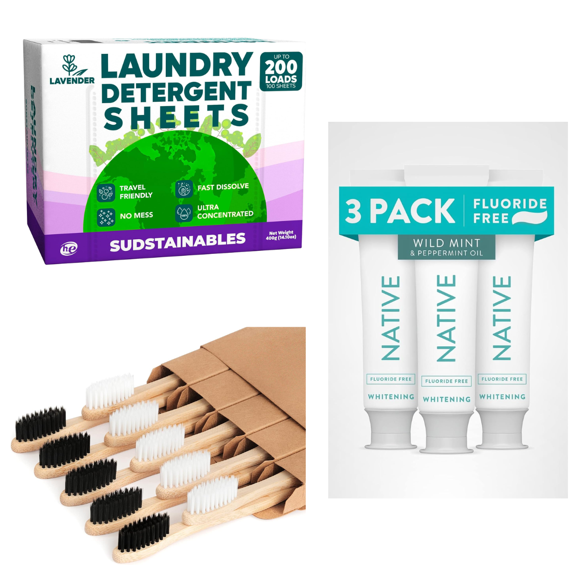 Laundry sheets, $11+ | 3-pk toothpaste, $11+ | 10-pk bamboo toothbrush ...