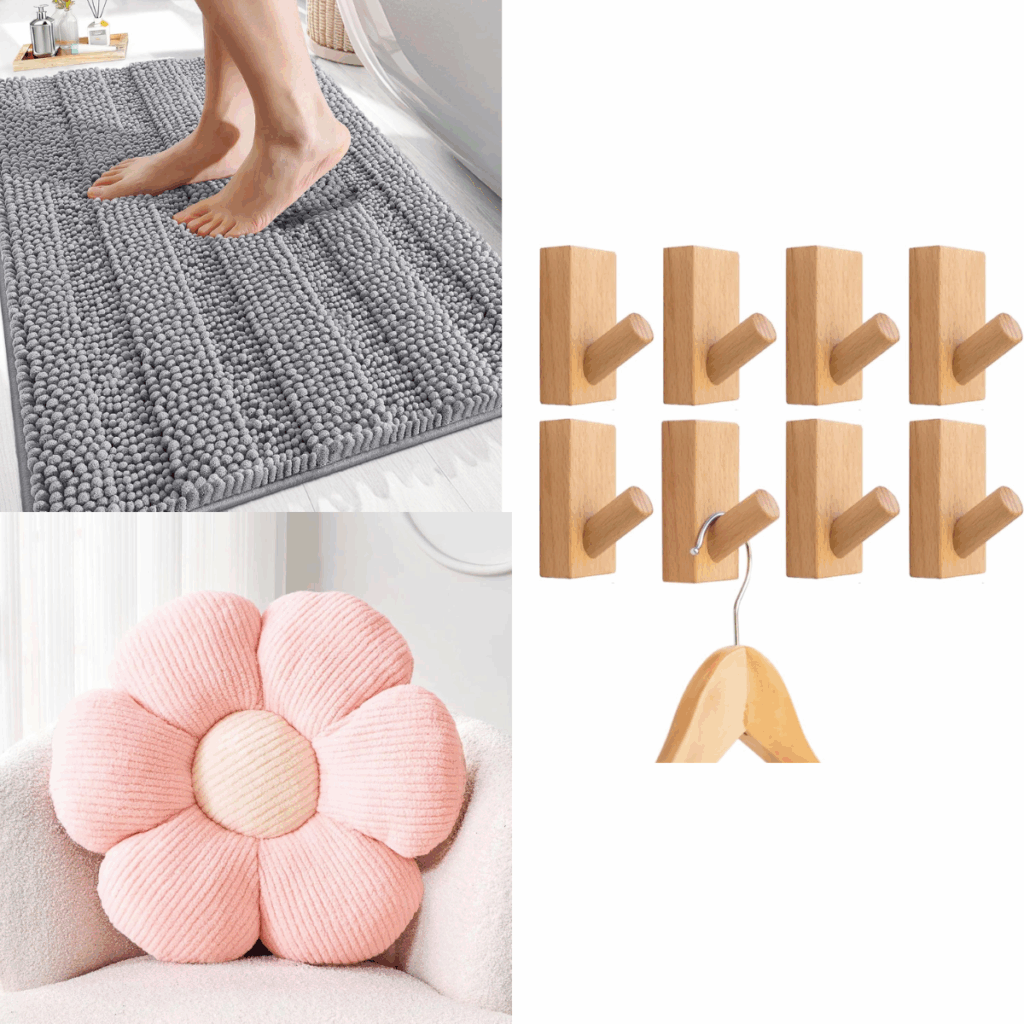 Chenille rug, $8+ | 8-pk adhesive hooks, $5+ | Flower pillow, $9 ...