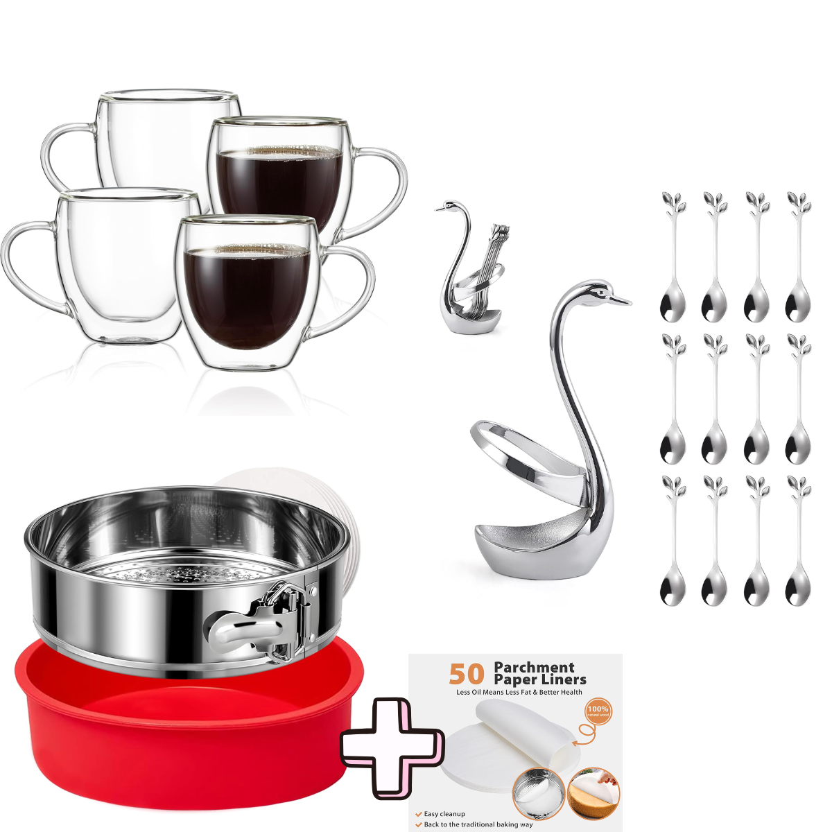 Swan spoon set, $9+ | 4-pc glass coffee cups, $16+ | 9in spring foam ...