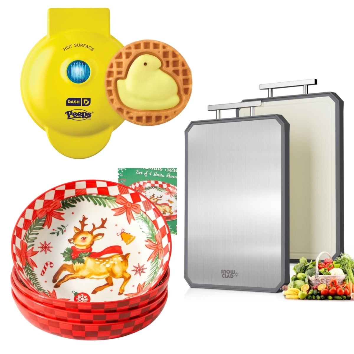 Mini Waffle maker, $4+ | 4 Pasta bowls, $9+ | 16X11" SS Cutting board ...