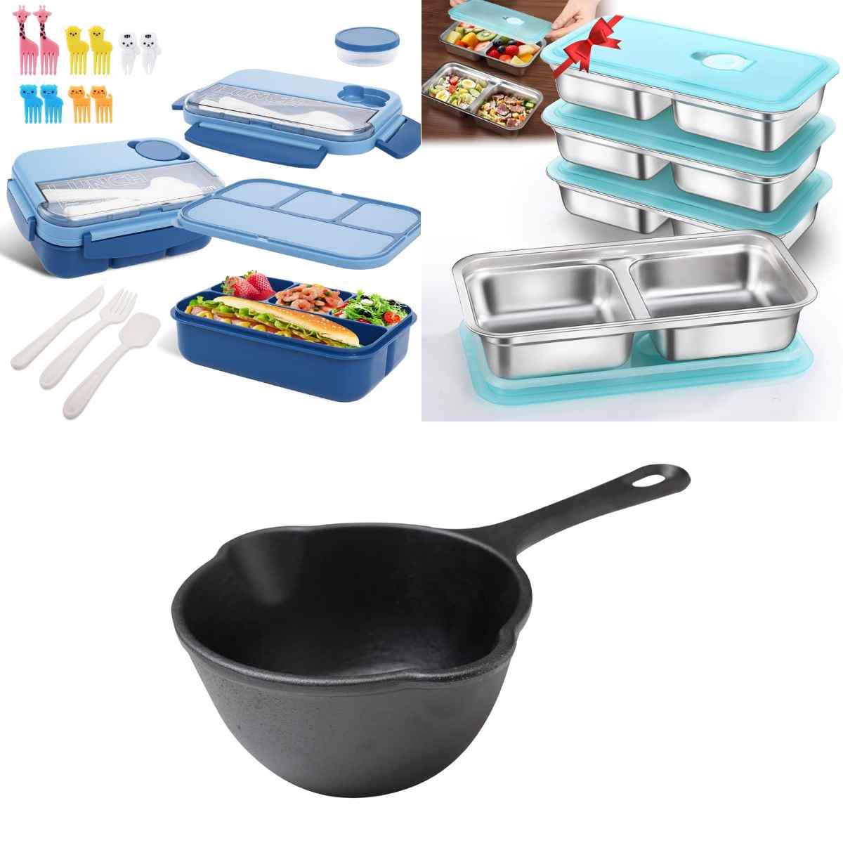 Bento Box, $6+ | 4-Pack SS Snackle Box, $13+ | Cast Iron Saucepan, $12 ...