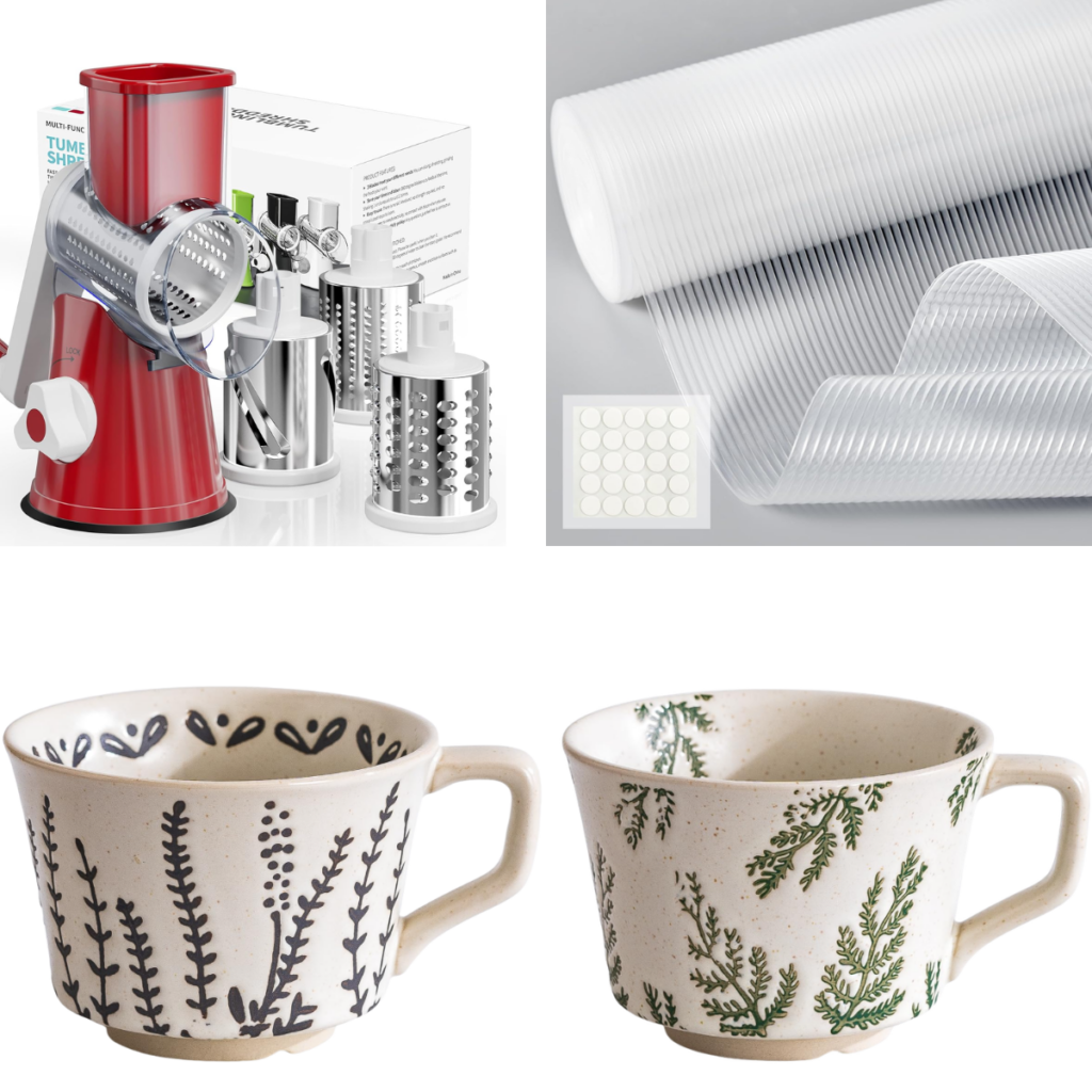 Rotary Grater with 3 blade $17+ | Vintage Ceramic Mug $7+ | Clear Shelf ...