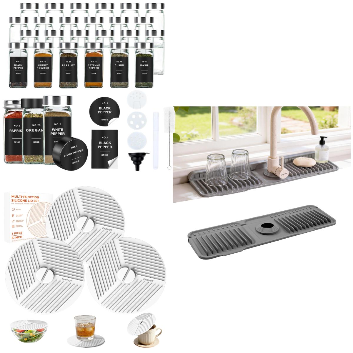 3-pk Silicone Lids $5+ | 24 glass Spice Jars w/ Labels $17+ | silicone ...