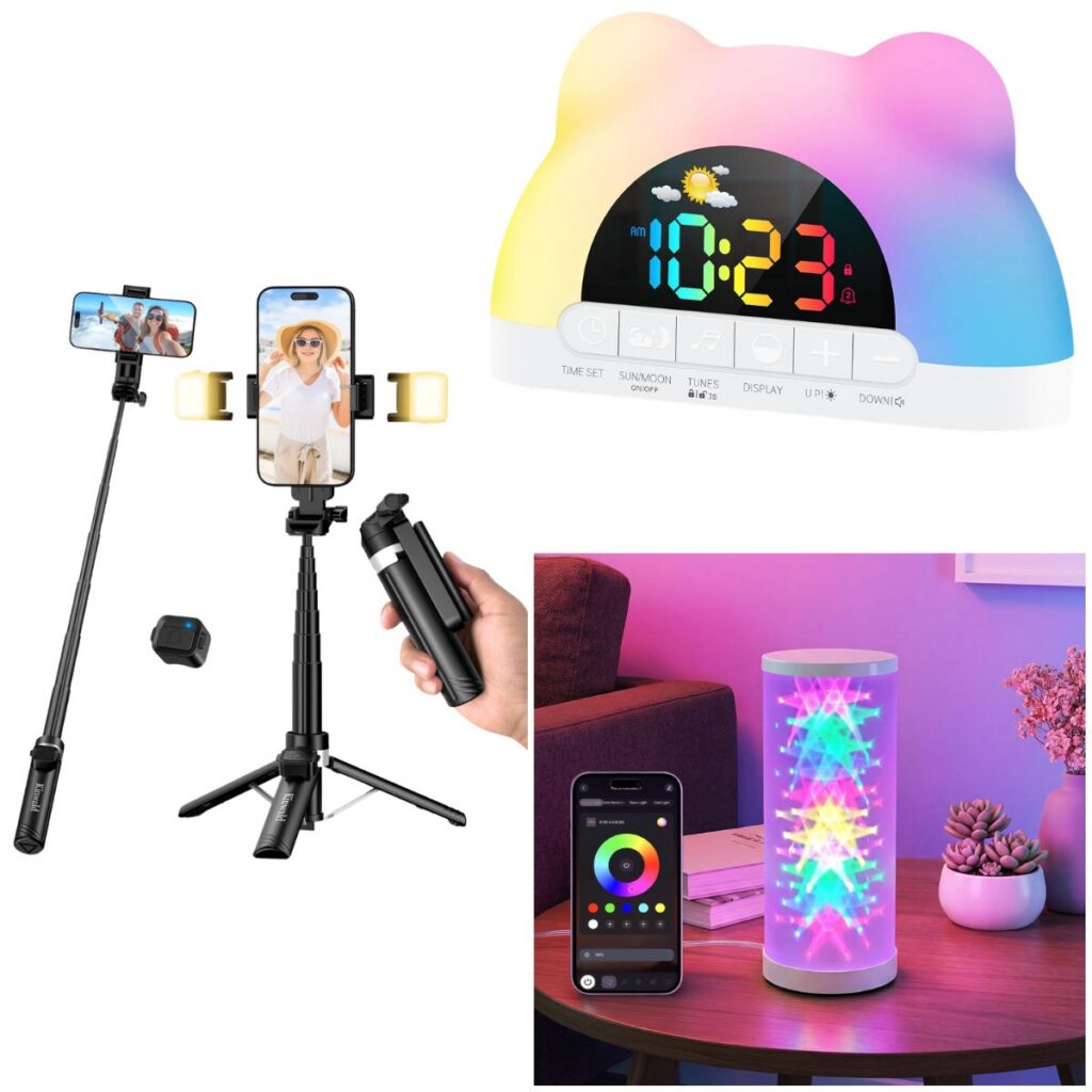 Digital alarm clock $9+ | Prism Glow Table Lamp $9+ | Selfie Stick ...