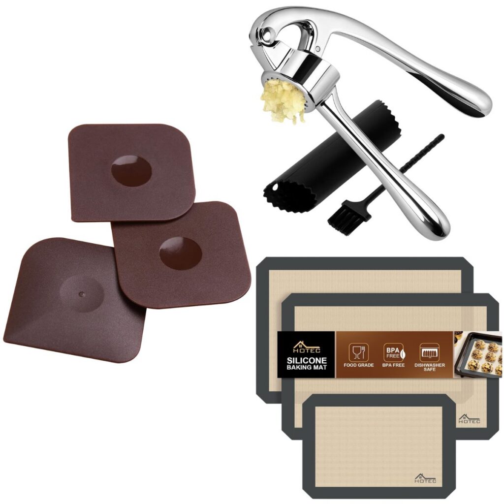3-pk pan scrapers $4+ | 3-pk Silicone Mats | 3-pc Garlic Press set $7 ...