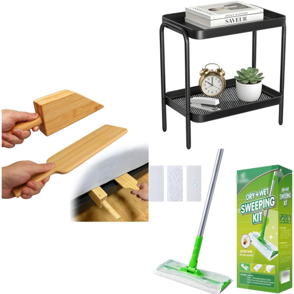 2-tier shelf $12+ | wooden Mattress Lifter + Sheet Tucker $8+ | Sweeper ...