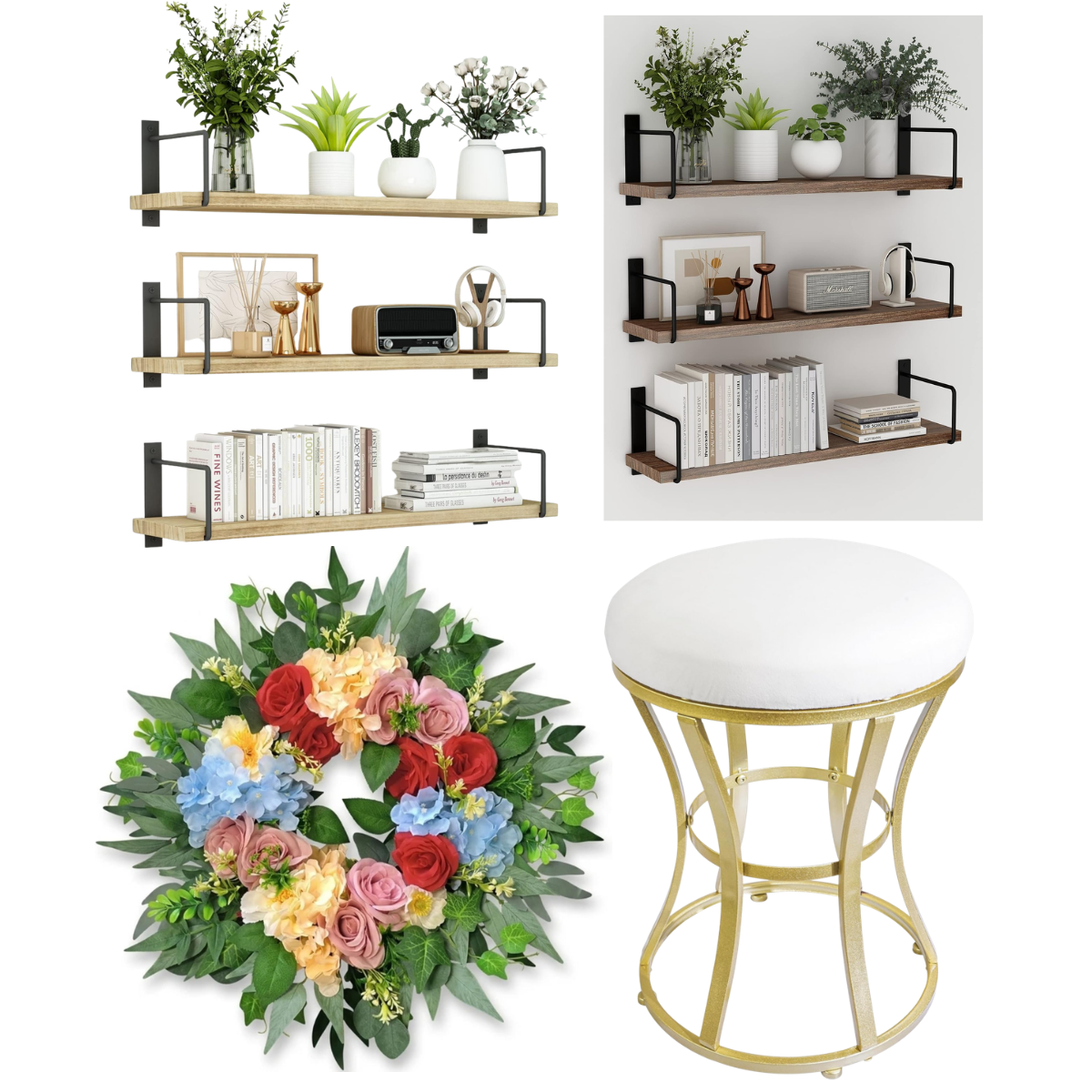Floating Shelves $16+ | Vanity Stool $19+ | Wreath $13+ | Smart Savers