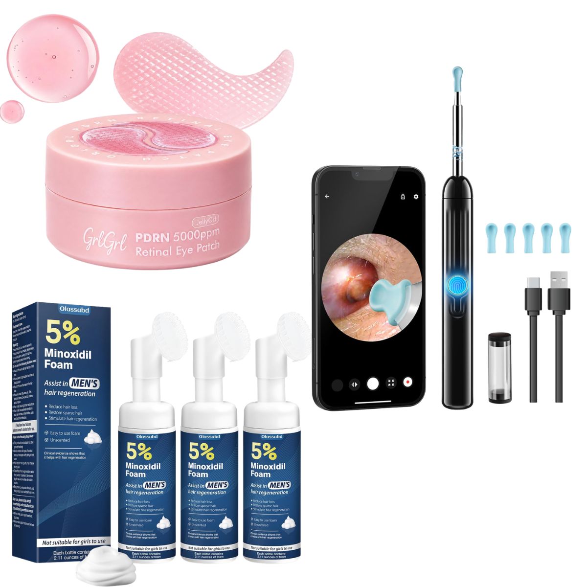 Ear wax removal tool $5+| 60 Pcs PDRN eye patches $7+| 3 Pk Minoxidil ...
