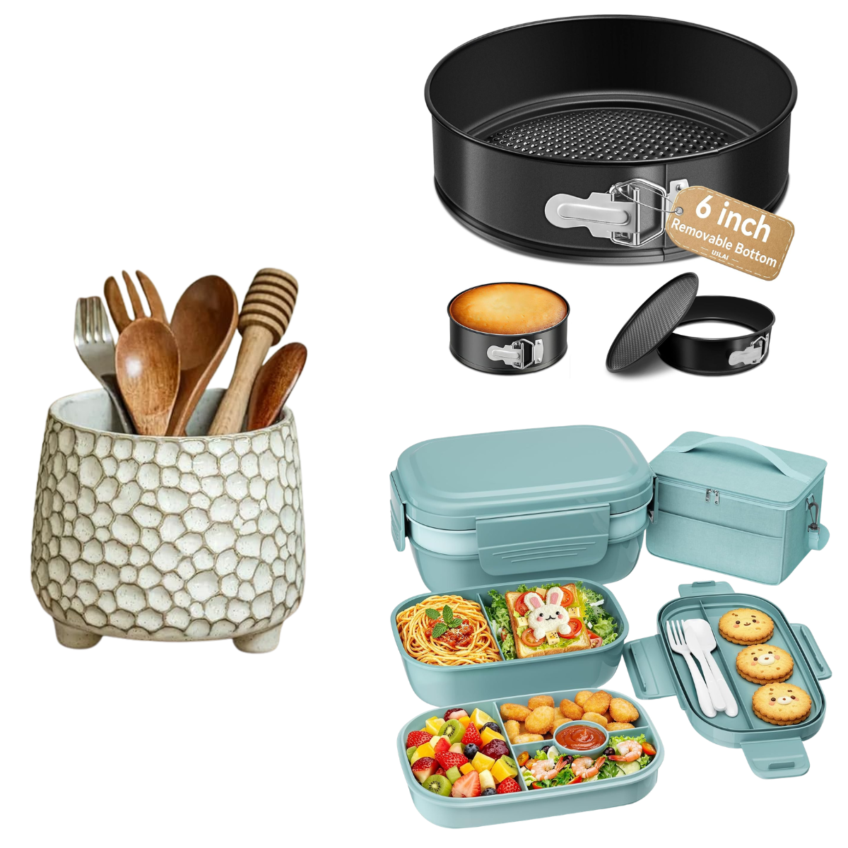 Springform Pan $5+ | 3-Tier Bento Lunch Box $9+ | Ceramic Utensil Crock ...