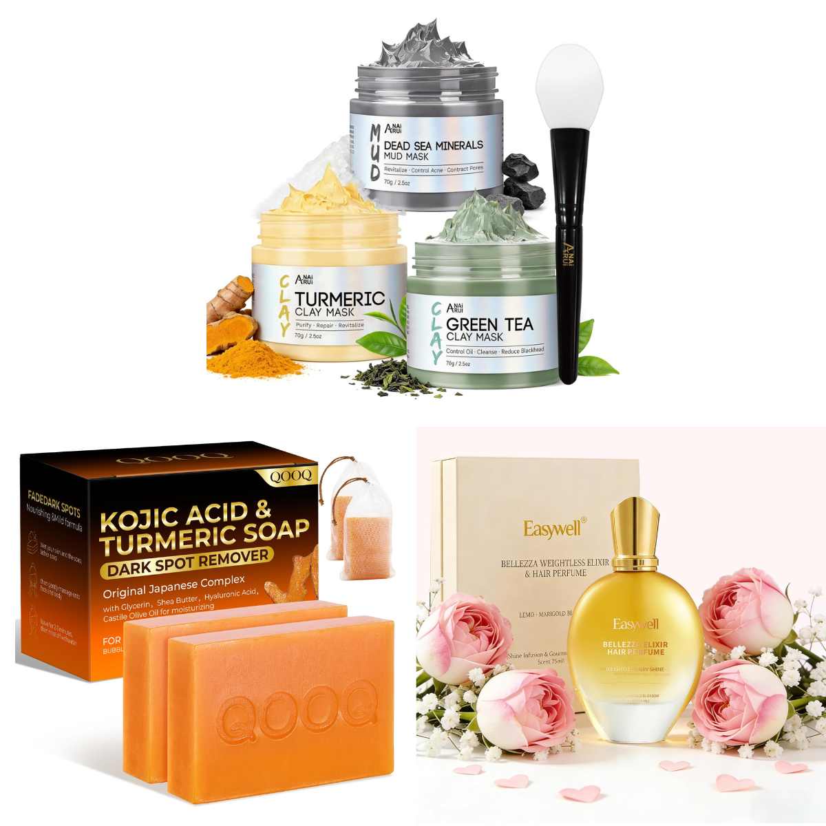 3 Clay masks $7+ | 2 Turmeric Kojic Acid Soap $4+ | Hair Perfume $7 ...