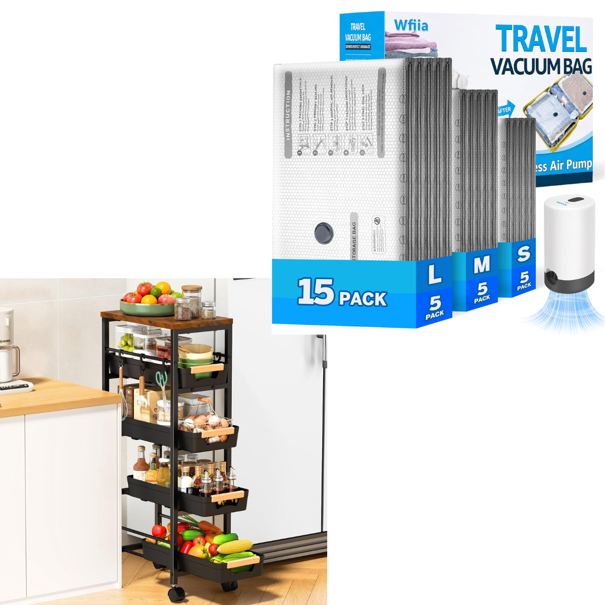 Slim Storage Cart $29+ | 15 Pc. Vacuum Bags w/ pump $16+ | Smart Savers