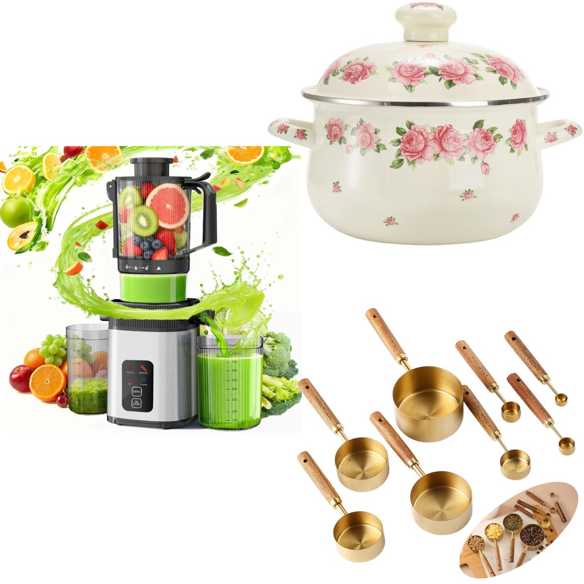 Enamel Stockpot $20+ | Measuring cups & spoons $12+ | Cold Press Juicer ...