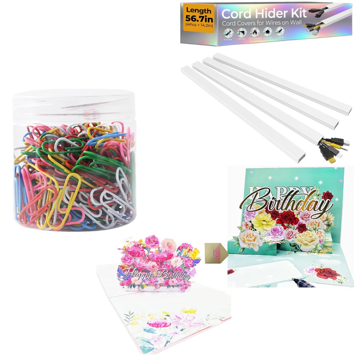 3D Pop Up Cards $4+ | 500-ct paper clips $0.23 | 4-pk cable cord covers ...