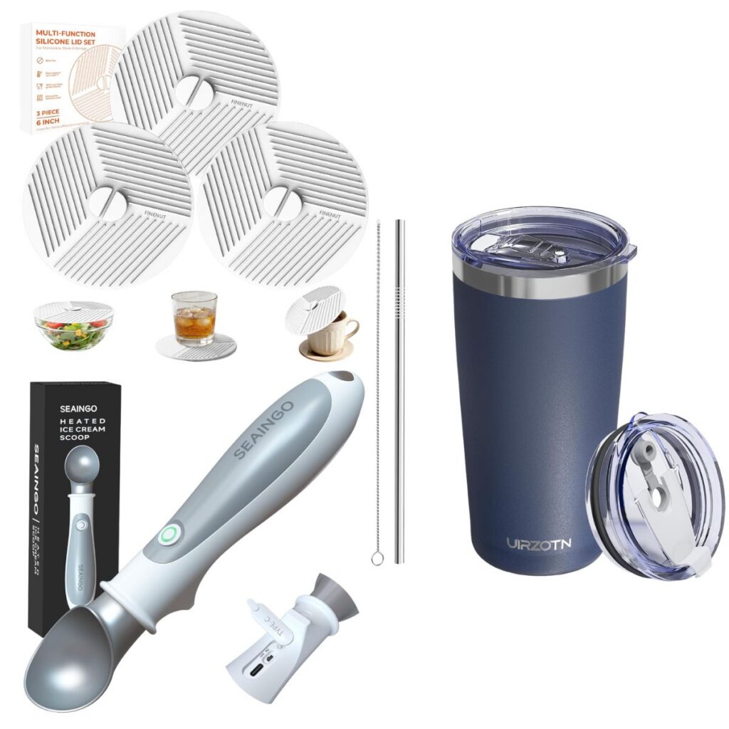 3 Pk Silicone lids $5+| Coffee tumbler $7+| Heated icecream scoop $9 ...
