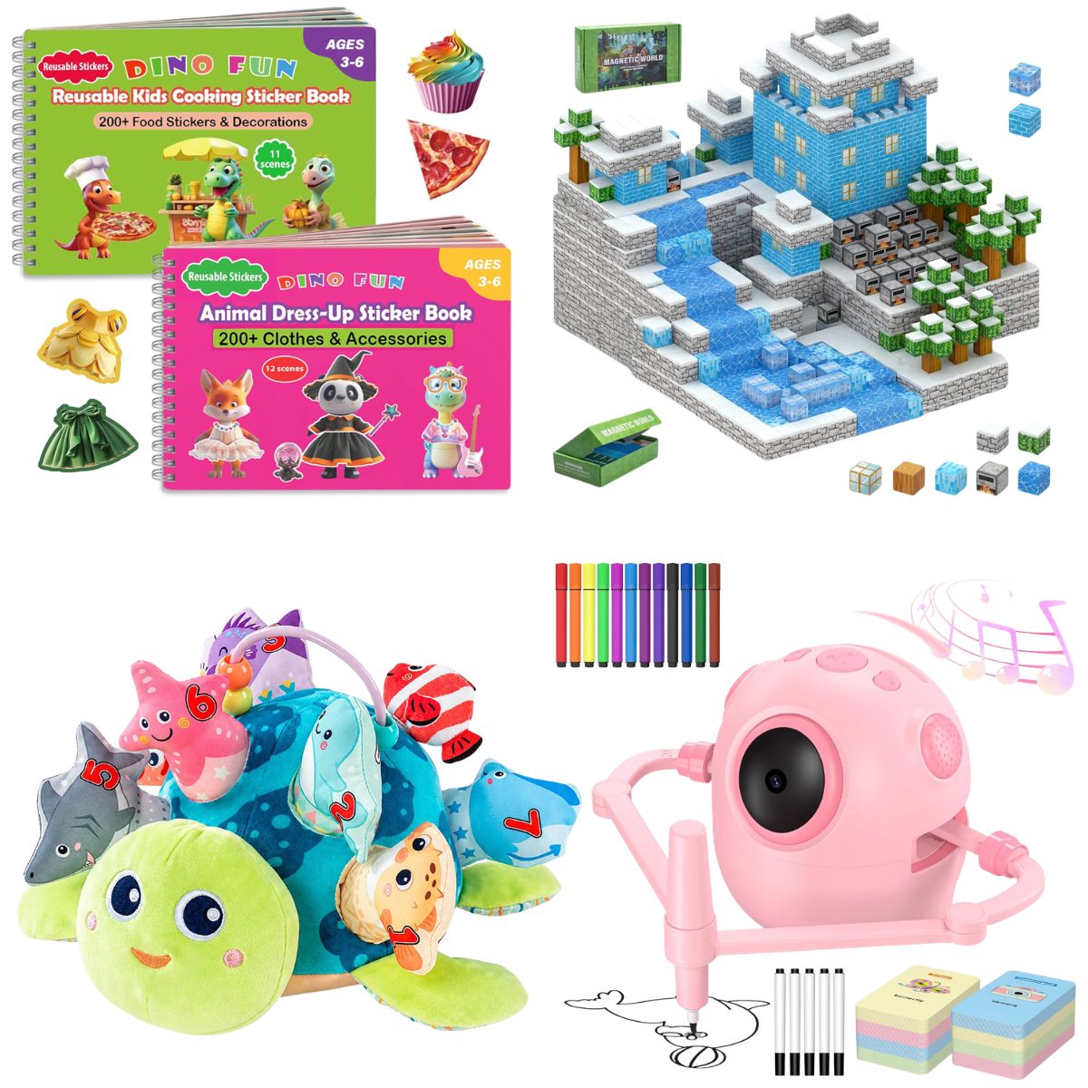 Reusable sticker book $8+| 110 Pcs Magnetic blocks $8+| Plush turtle ...
