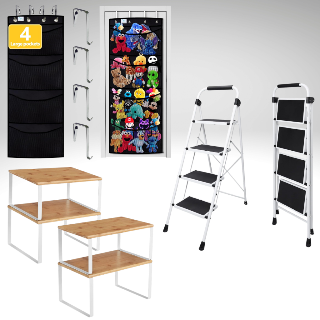 Door storage, $4+ | 4-pk cabinet organizer, $24+ | 4-step ladder, $37 ...