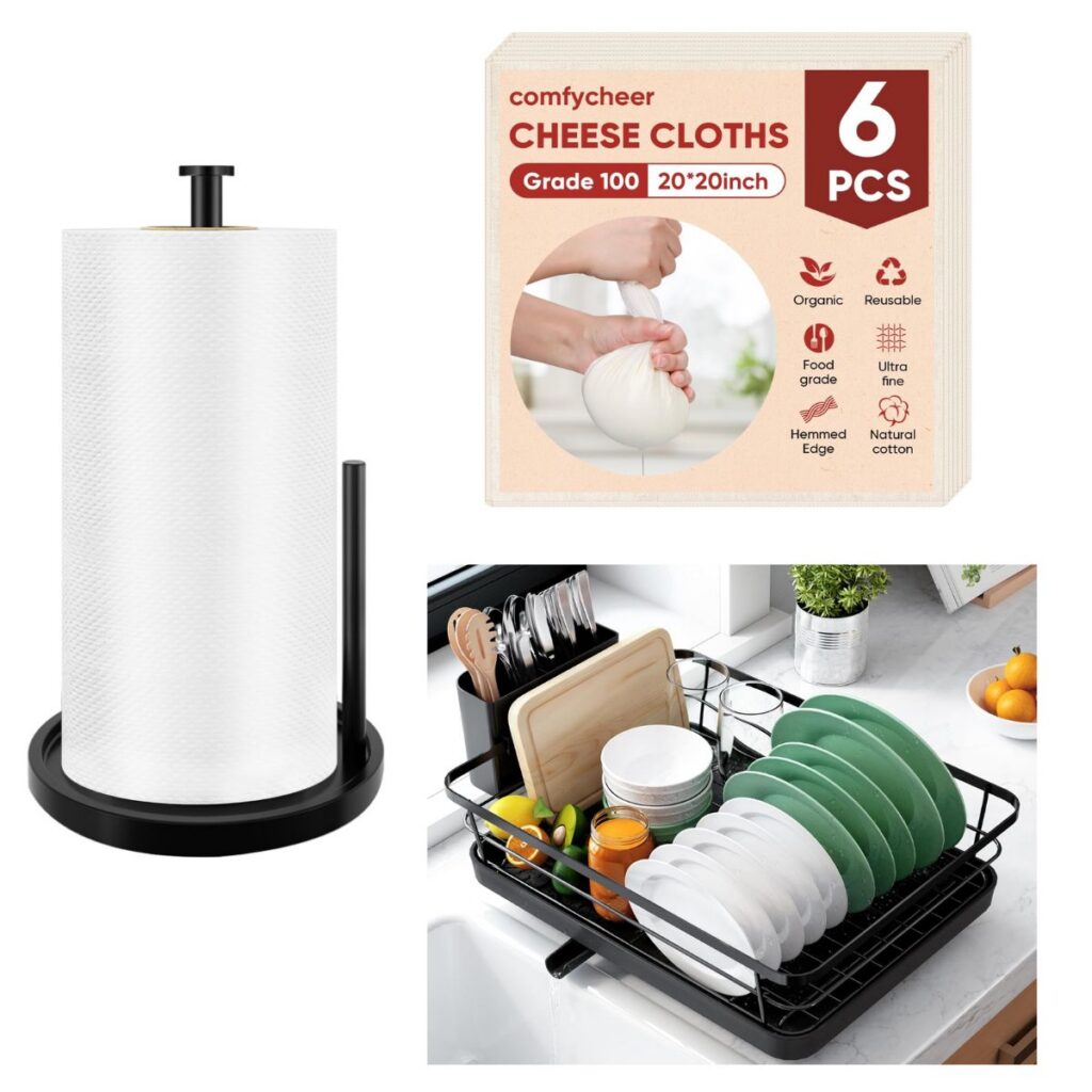 6-pc cheese cloths, $4+ | Paper towel holder, $5+ | Dish drying rack ...