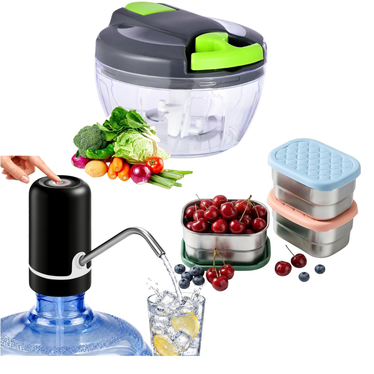 3-pk SS containers, $5+ | Manual vegetable chopper, $5+ | Water ...