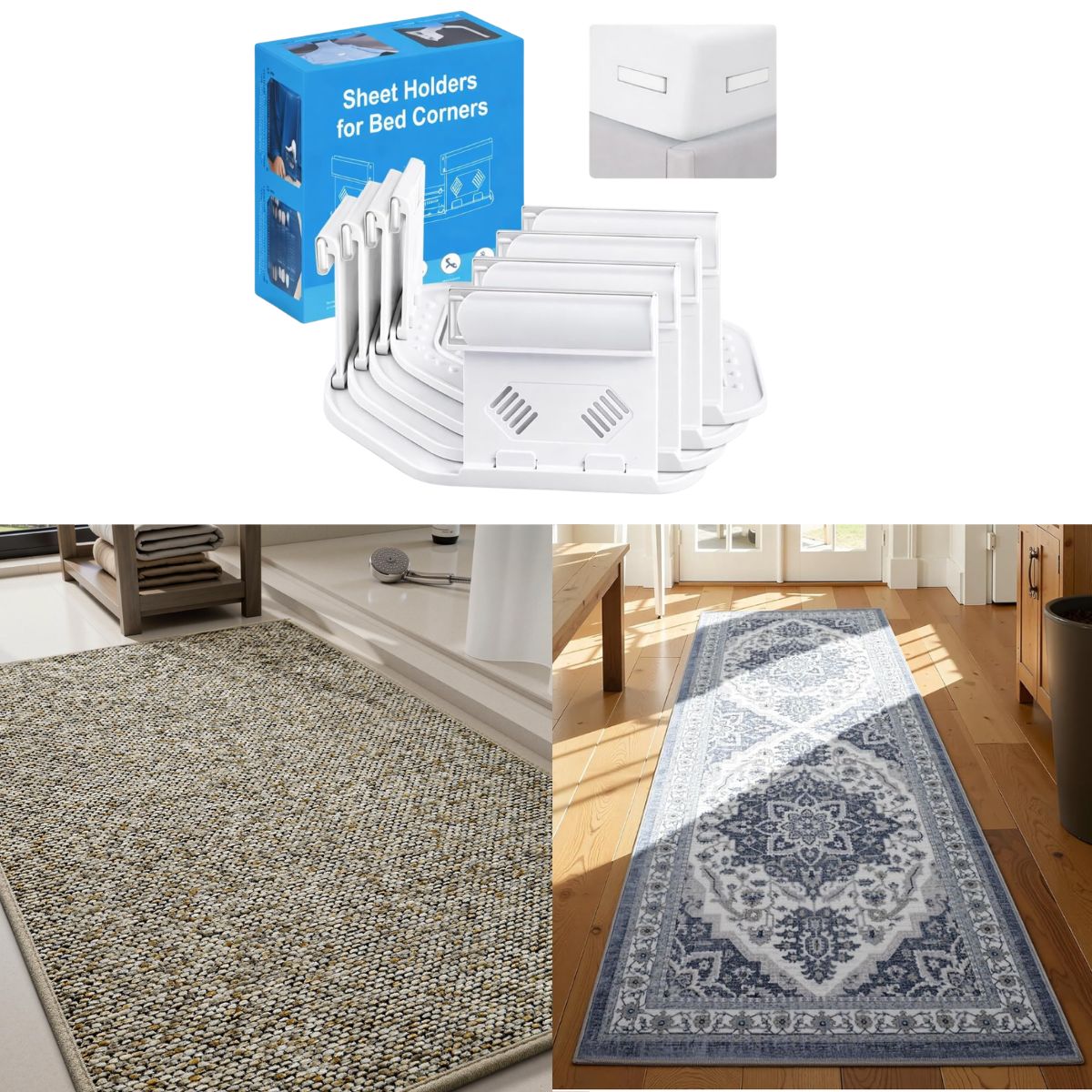 Bed Sheet Holders for Corners $9+| Thin bath mat $6+| Washable runner ...
